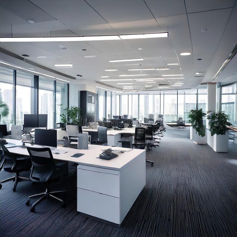 Stark Industrial Office with Cubicles and Data Displays Stock ...