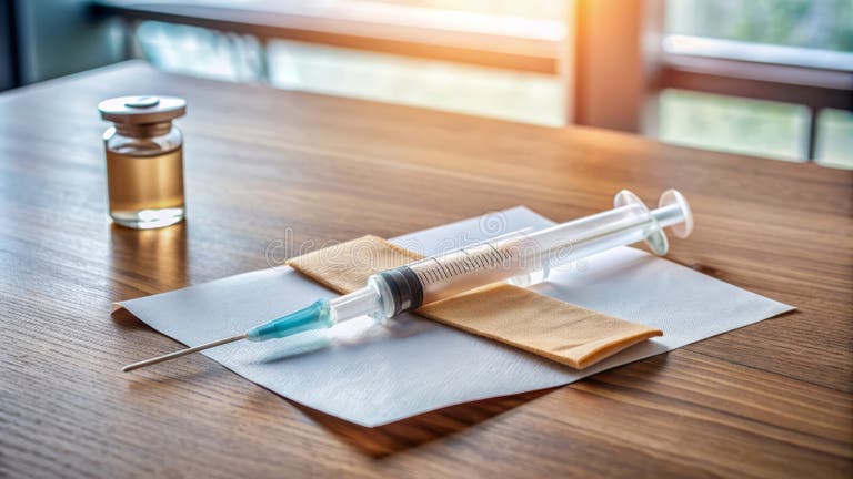 Empty Clinical Table with Used Syringe BandAid and Vaccine Information ...