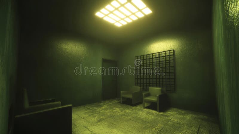 Stark Interrogation Room Intense Lighting Gridded Wall and Empty Chairs ...