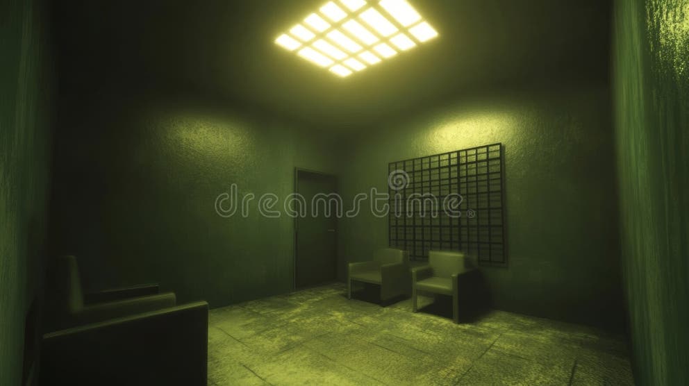 Stark Interrogation Room Intense Lighting Gridded Wall and Empty Chairs ...