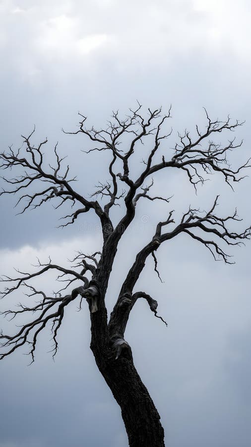 A Solitary Dead Tree Stands Against a Cloudy Sky in a Desolate ...