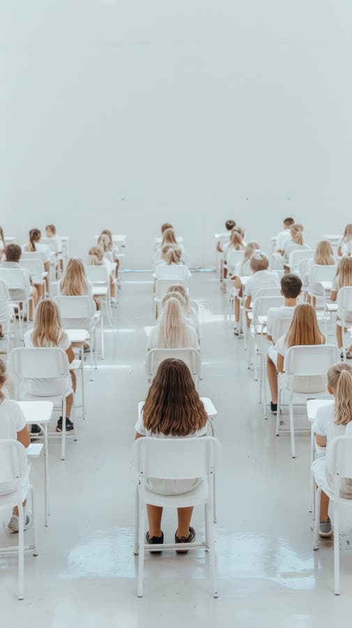 In Stark, Minimalist Setting, Large Group of Students Dressed in White ...