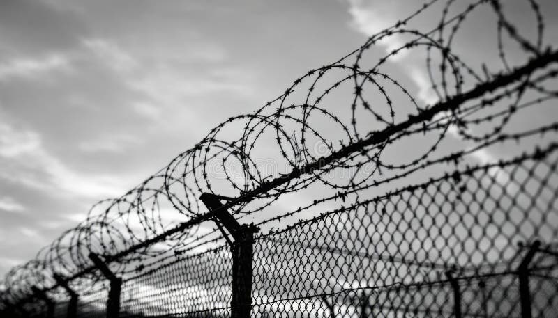 Stark Prison Fence with Razor Wire, Monochrome View Stock Illustration ...
