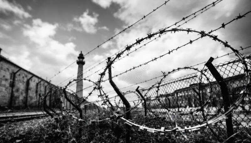 Stark Prison Fence with Razor Wire, Monochrome View Stock Illustration ...