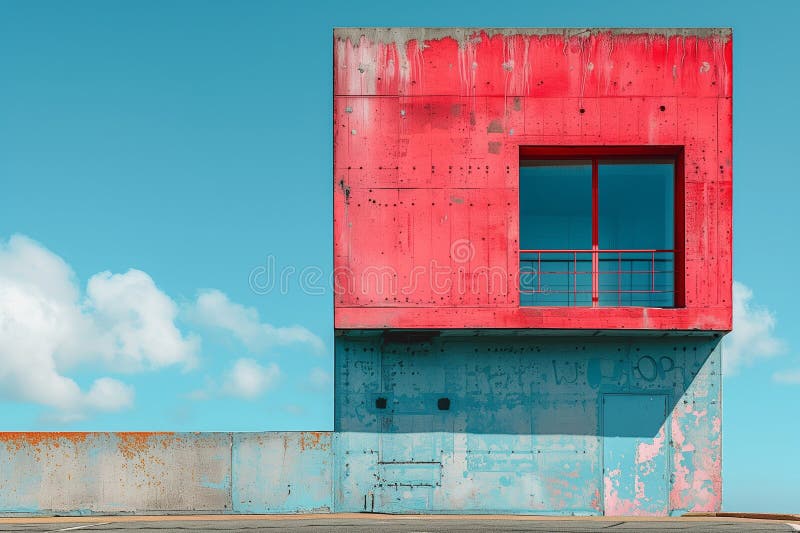 Red Block Building with Geometric Blue Window Stock Image - Image of ...