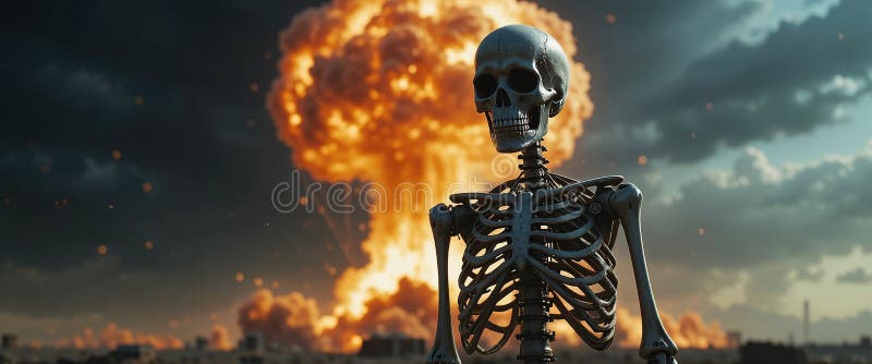 A Stark Skeleton Stands in Front of a Massive, Fiery Explosion Under a ...