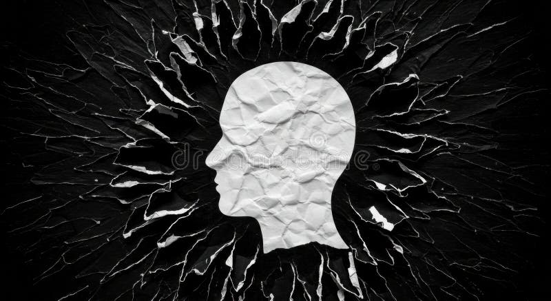 Crinkled Mind: a Monochrome Head Silhouette in a Textured, Abstract ...
