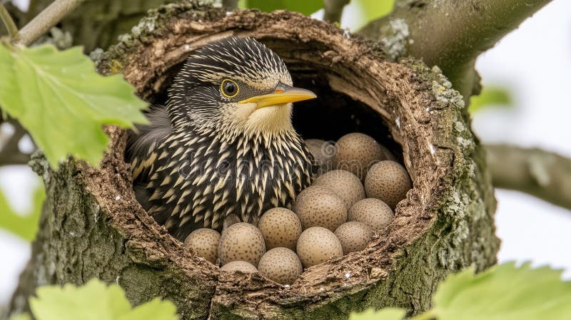 Starling Incubating Eggs in Tree Cavity, Spring Foliage Stock Illustration - Illustration of ...