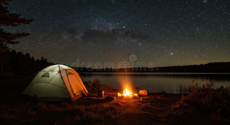 Starlit Camping Adventure by a Lakeside with a Glowing Campfire Under ...