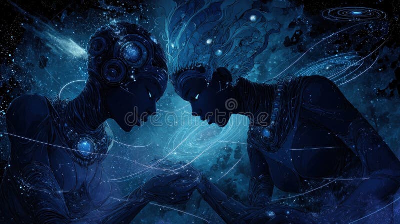 Starlit Connection a Serene Cosmic Setting Where Two Cyborg Beings ...