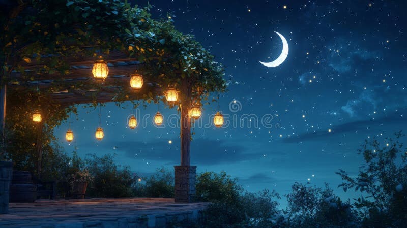 Starlit Night with Illuminated Pergola and Moon Stock Illustration ...