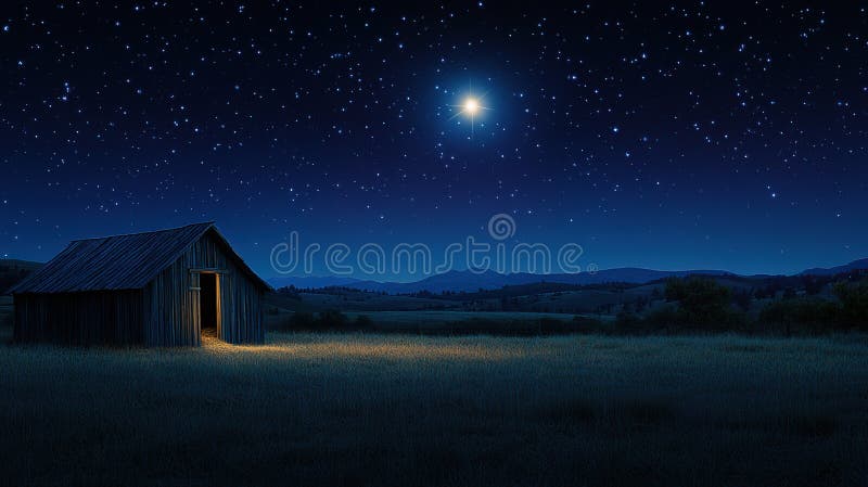 Starlit Night, Rustic Cabin, Open Door, Field, Mountains Stock ...