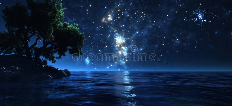Starlit Night Sky Over Calm Ocean with Silhouetted Tree and Sparkling ...