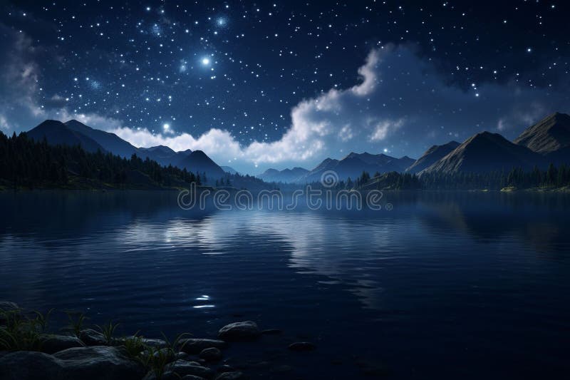 Starlit Night Sky Over a Tranquil Lake Creating Stock Illustration ...