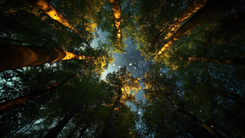 Starlit Night Sky through Tall Forest Trees Stock Illustration ...