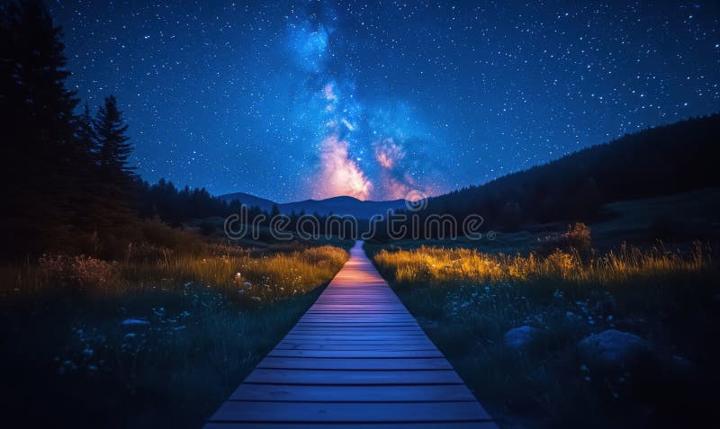 Starlit Pathway through Meadow Under Milky Way Sky at Night Stock Image ...