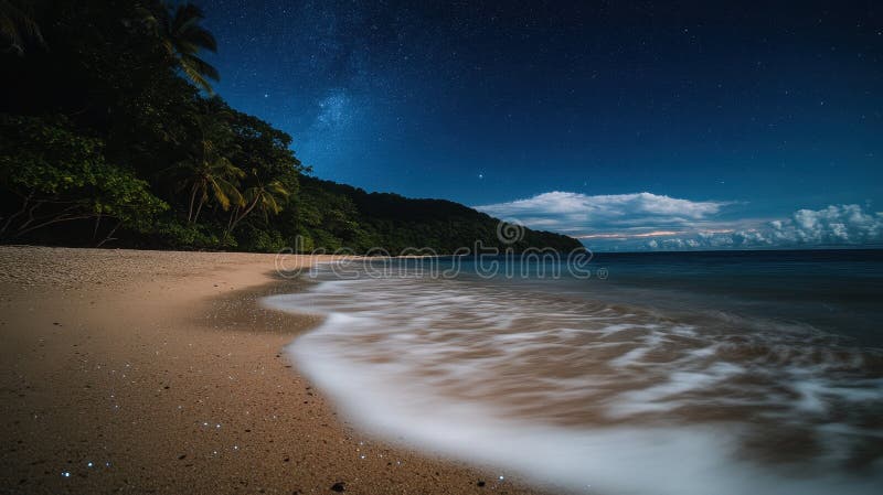 Starry Beach Serenity: Ocean Waves and a Palm-Lined Shore Under a Star ...