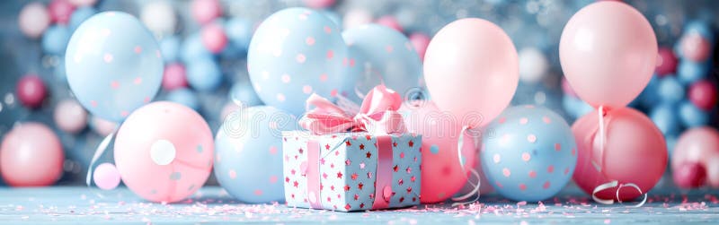 Starry Blue Gift Box with Pink Bow and Polka Dot Balloons Stock ...
