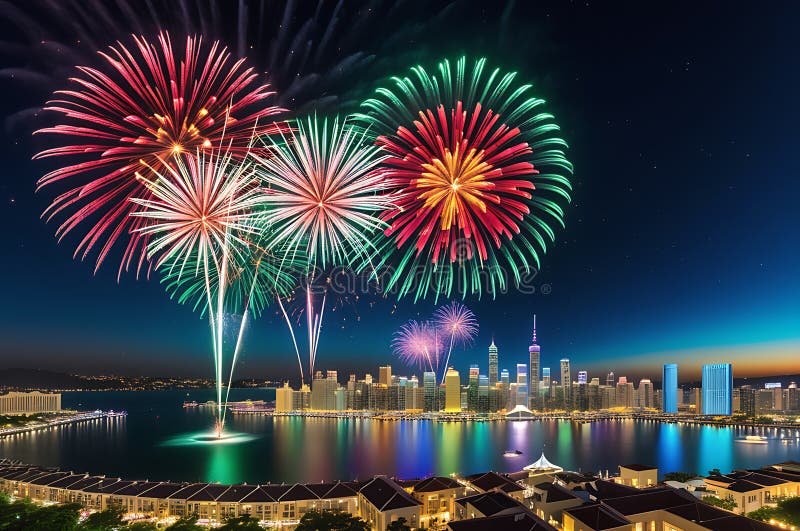 Starry Cascade: Fireworks Exploding in a Star-Filled Night Sky, Vibrant ...