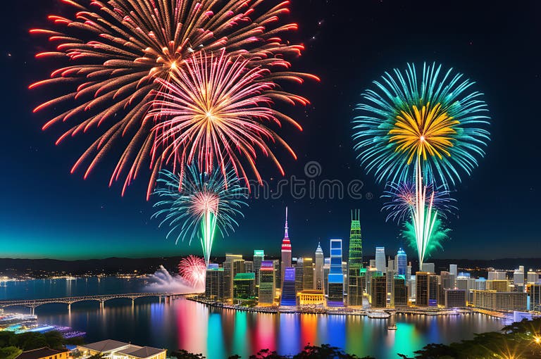 Starry Cascade: Fireworks Exploding in a Star-Filled Night Sky, Vibrant ...