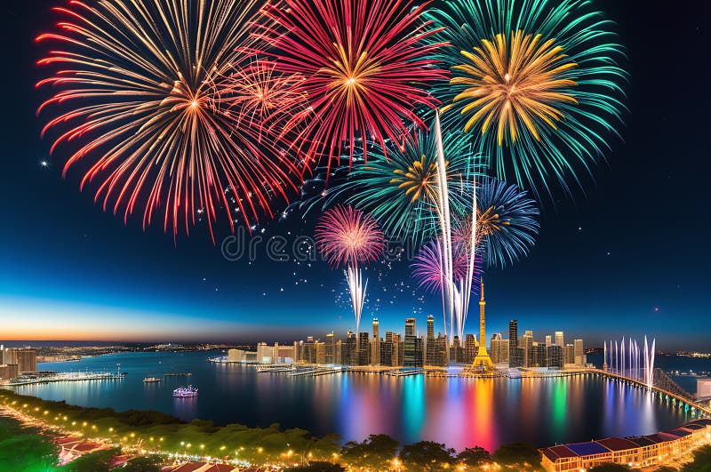 Starry Cascade: Fireworks Exploding in a Star-Filled Night Sky, Vibrant ...