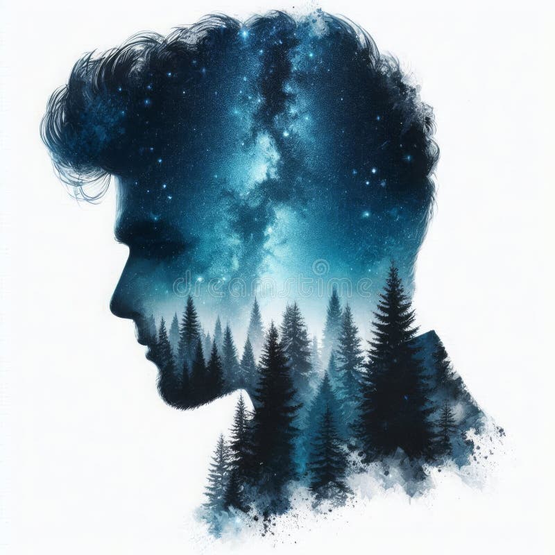 Starry Forest in a Manâ€™s Profile Stock Illustration - Illustration of ...
