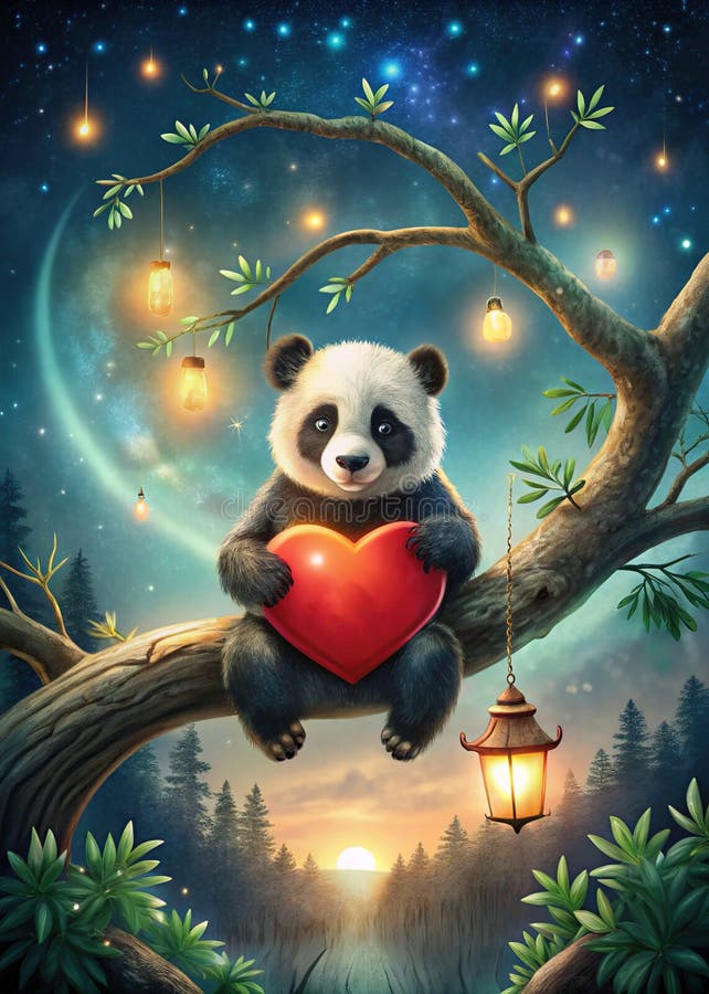 Starry Jungle Night a Panda Sitting on a Tree Branch Under the Stars ...