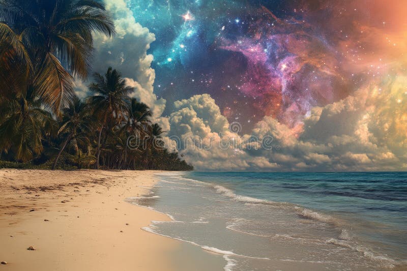 Starry Night Beach Paradise Stock Illustration - Illustration of ocean ...