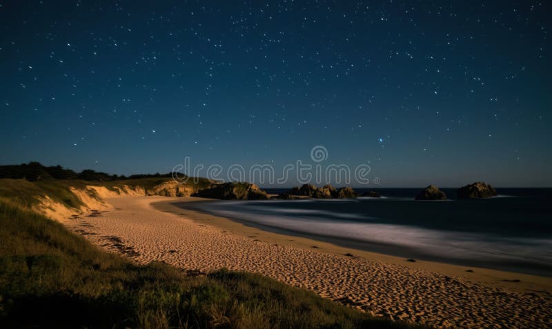 Starry Night Beach Scene with Rocky Formations, Calm Waves, and Sandy ...