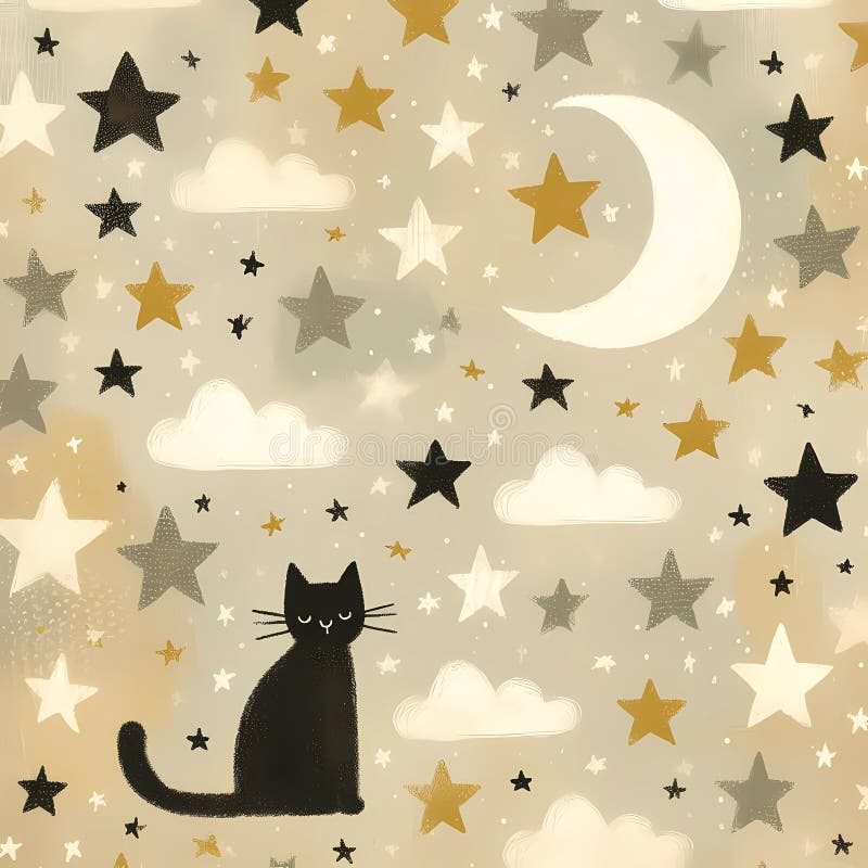 Starry Night with Black Cat. Stock Illustration - Illustration of ...