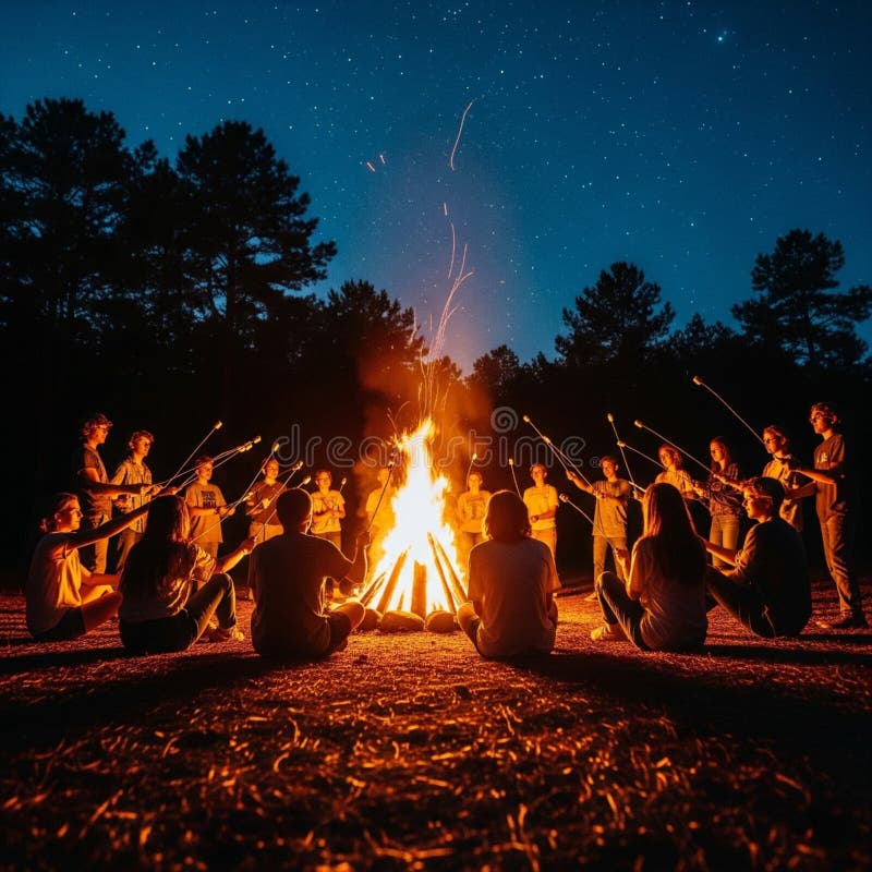 Starry Night Bonfire at Summer Camp AI-GENERATED Stock Photo - Image of ...