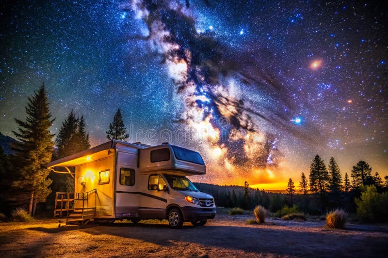 Starry Night Camping Adventure Illuminated RV Under a Celestial Canvas ...