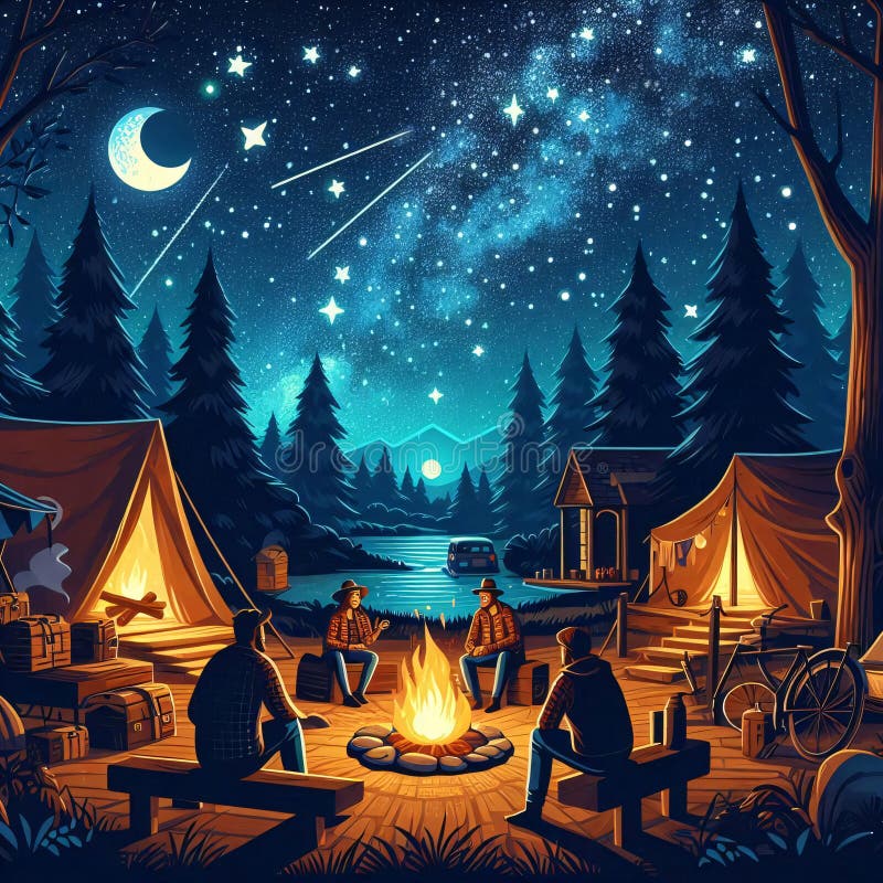 Starry Night Camping Scene with Friends Around a Fire Under a Moonlit ...