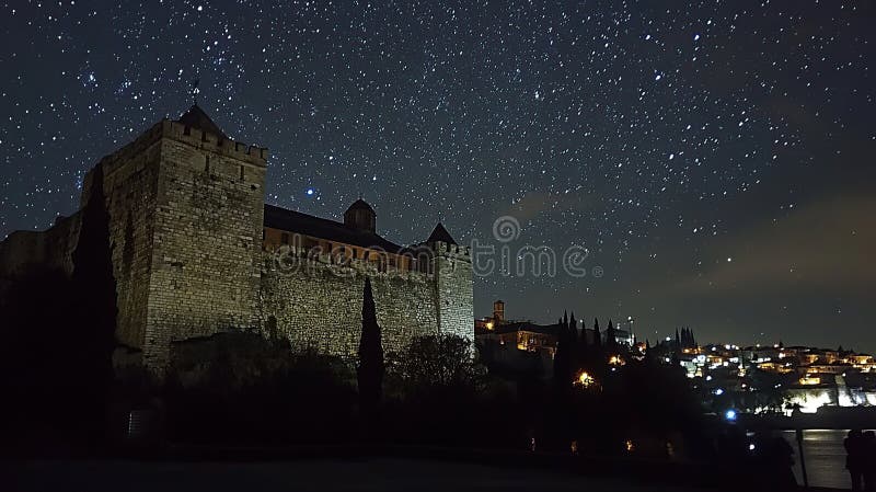 Starry Night Castle Hilltop Town Stock Illustration - Illustration of ...