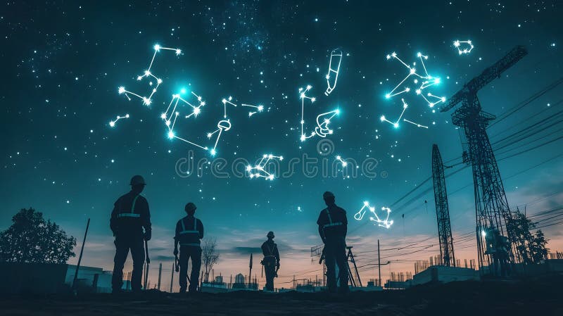 Starry Night Construction Site with Floating Constellation Icons Stock ...
