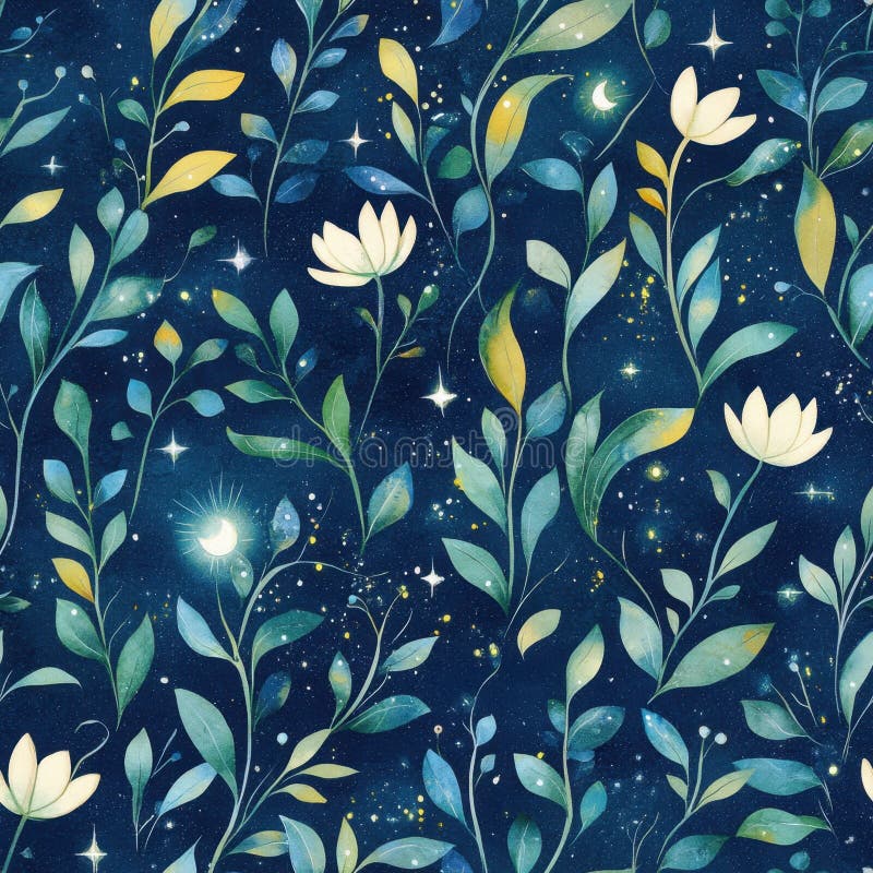 Starry Night Floral Pattern with Leaves and Blossoms in Cosmic Design ...