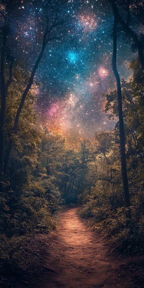 Starry Night Forest Pathway - Magical Adventure Stock Illustration ...