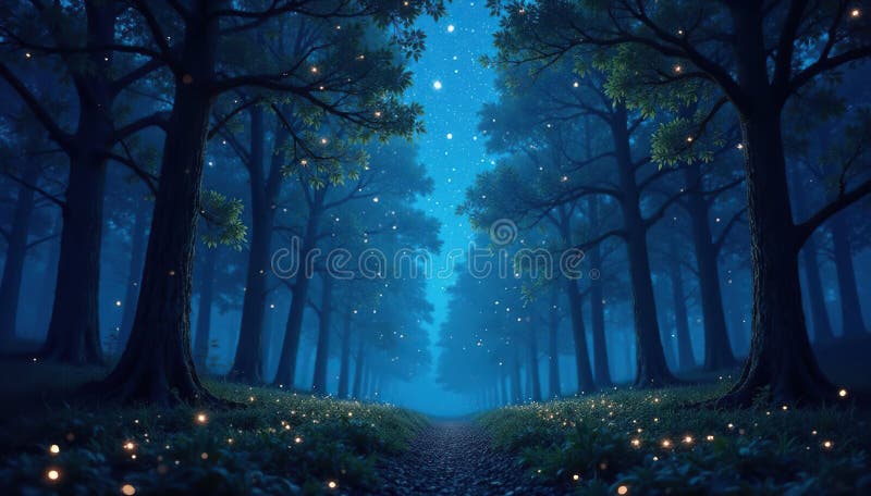 Starry Night Forest Scene with Twinkling Trees Leaves Forest Stock ...