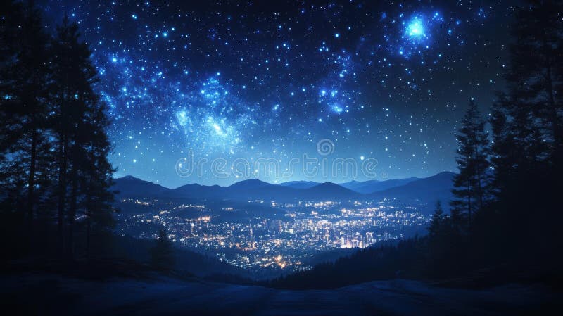 Starry Night Illuminates Cityscape from Mountain View with Majestic ...