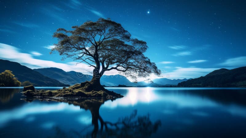 Starry Night and Lake a Magical Landscape with a Tree Stock ...