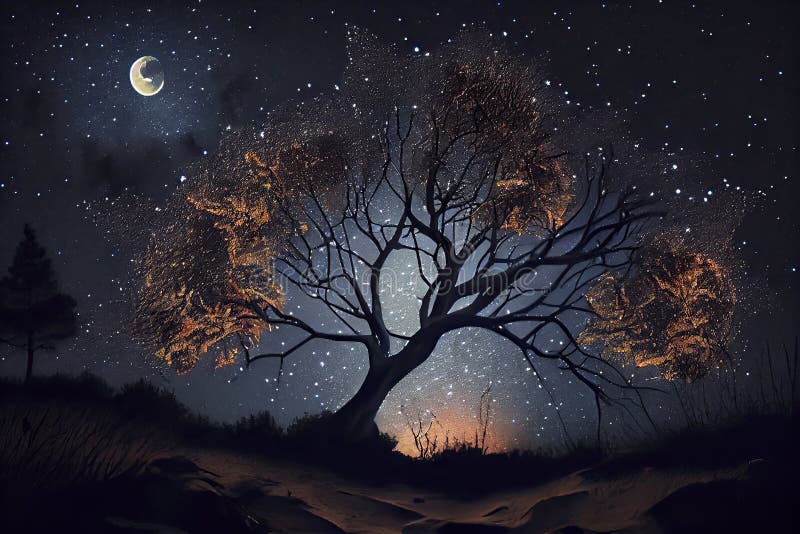 Starry Night with Lonely Tree Stock Illustration - Illustration of ...
