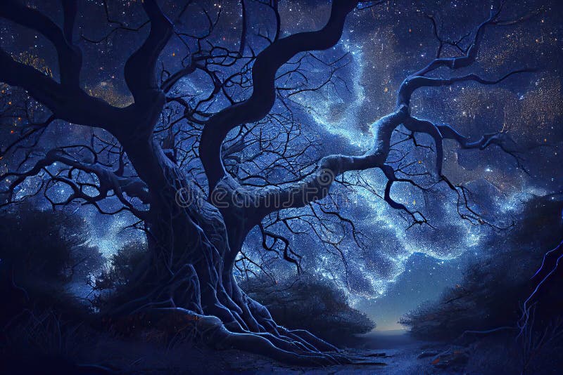 Starry Night with Lonely Tree Stock Illustration - Illustration of ...