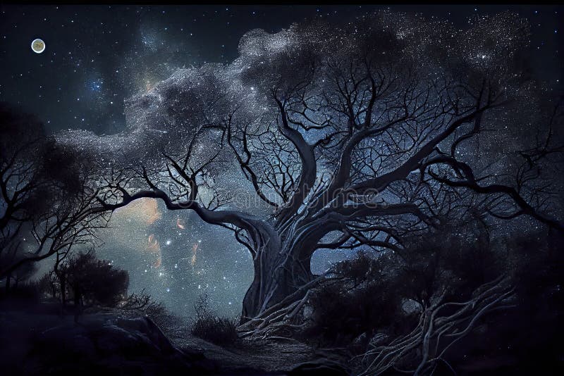 Starry Night with Lonely Tree Stock Illustration - Illustration of ...