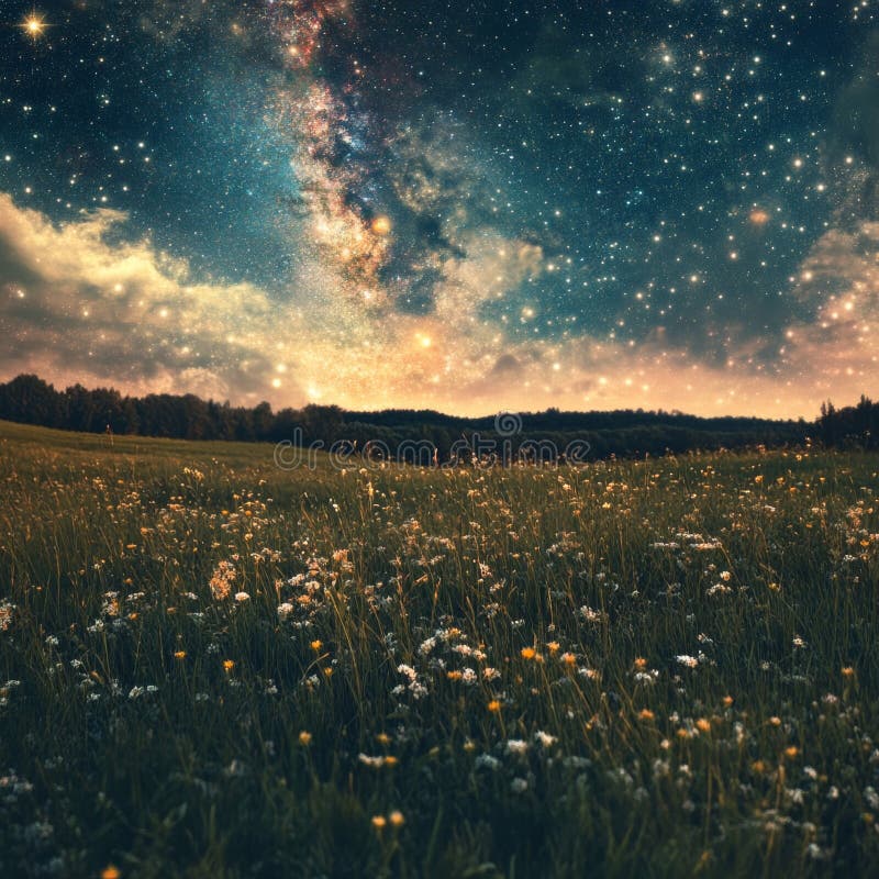Starry Night Meadow: Celestial Landscape Photography Stock Illustration ...