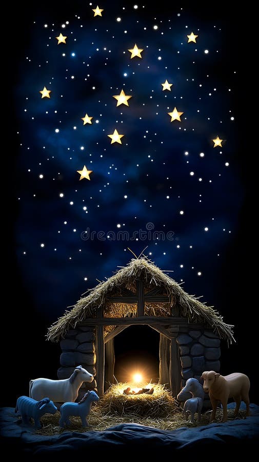 Starry Night Nativity Scene Christmas Stable Animals Holy Night Stock ...