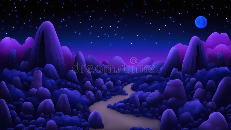 Starry Night in Neon Mountain Landscape with Blue Moon Stock ...