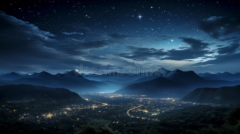 Starry Night Over Illuminated Mountain Valley Stock Illustration ...