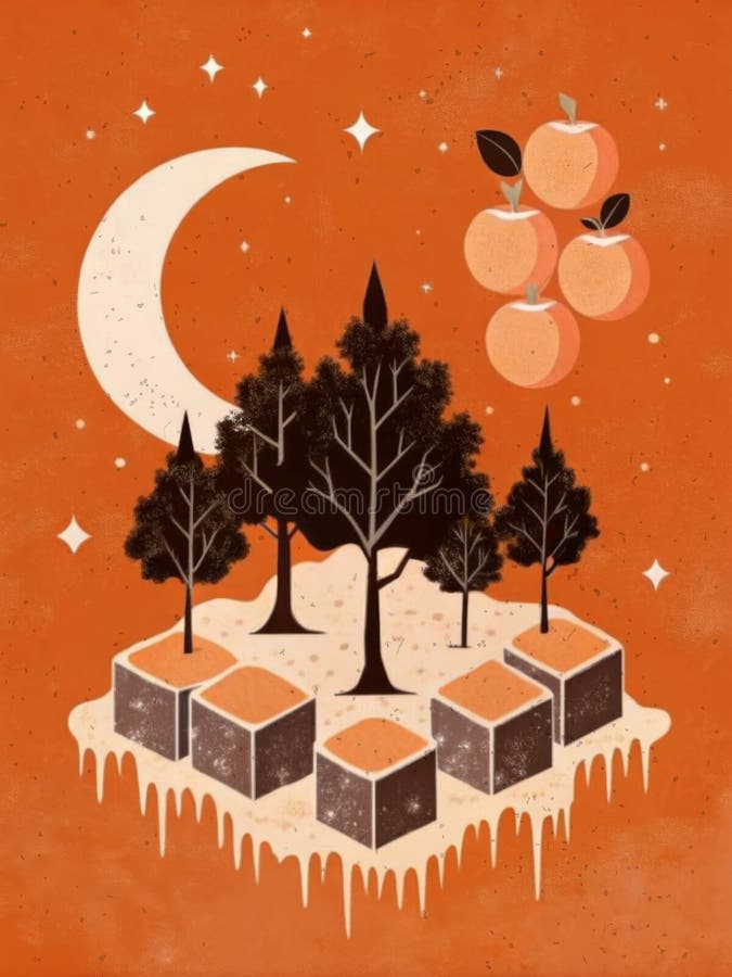 Starry Night Over Peach Trees and Hexagons Stock Illustration ...