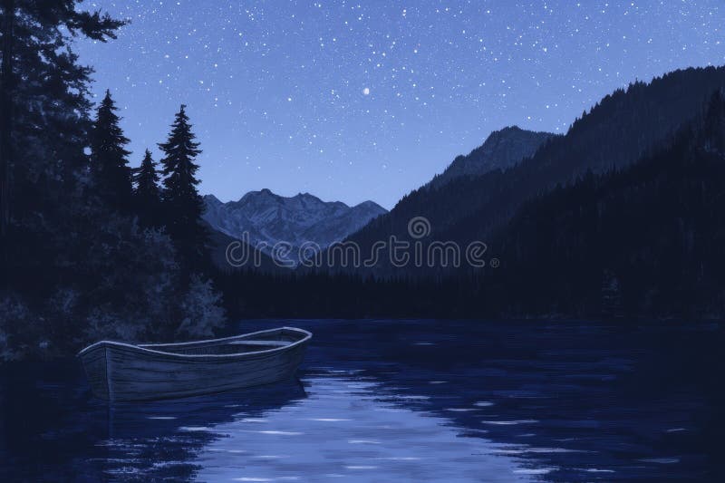 Starry Night Over Serene Mountain Lake with Lonely Boat Stock Photo ...