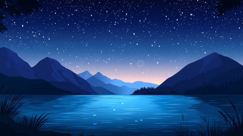 Starry Night Over a Tranquil Mountain Lake Stock Illustration ...